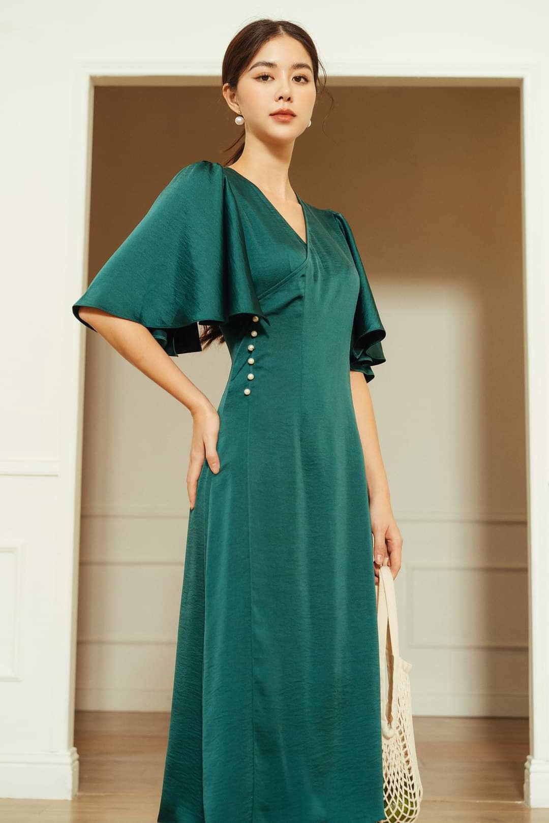Angle Sleeve Silk Dress -buttons Side Silk Dress - Wedding Guest Midi ...