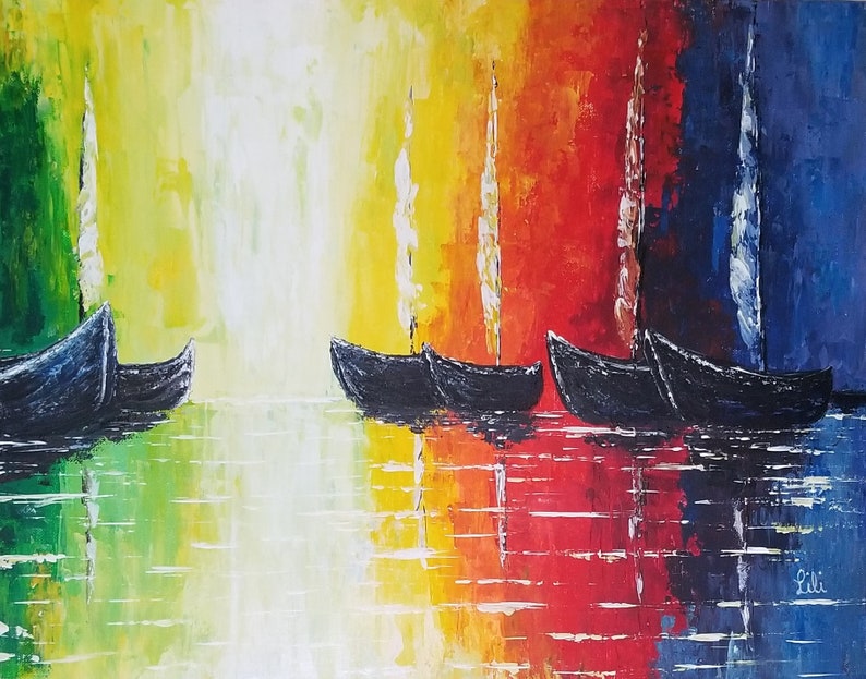 Abstract Marine Impressionism Boats Acrylic Art Painting Nautical on ...