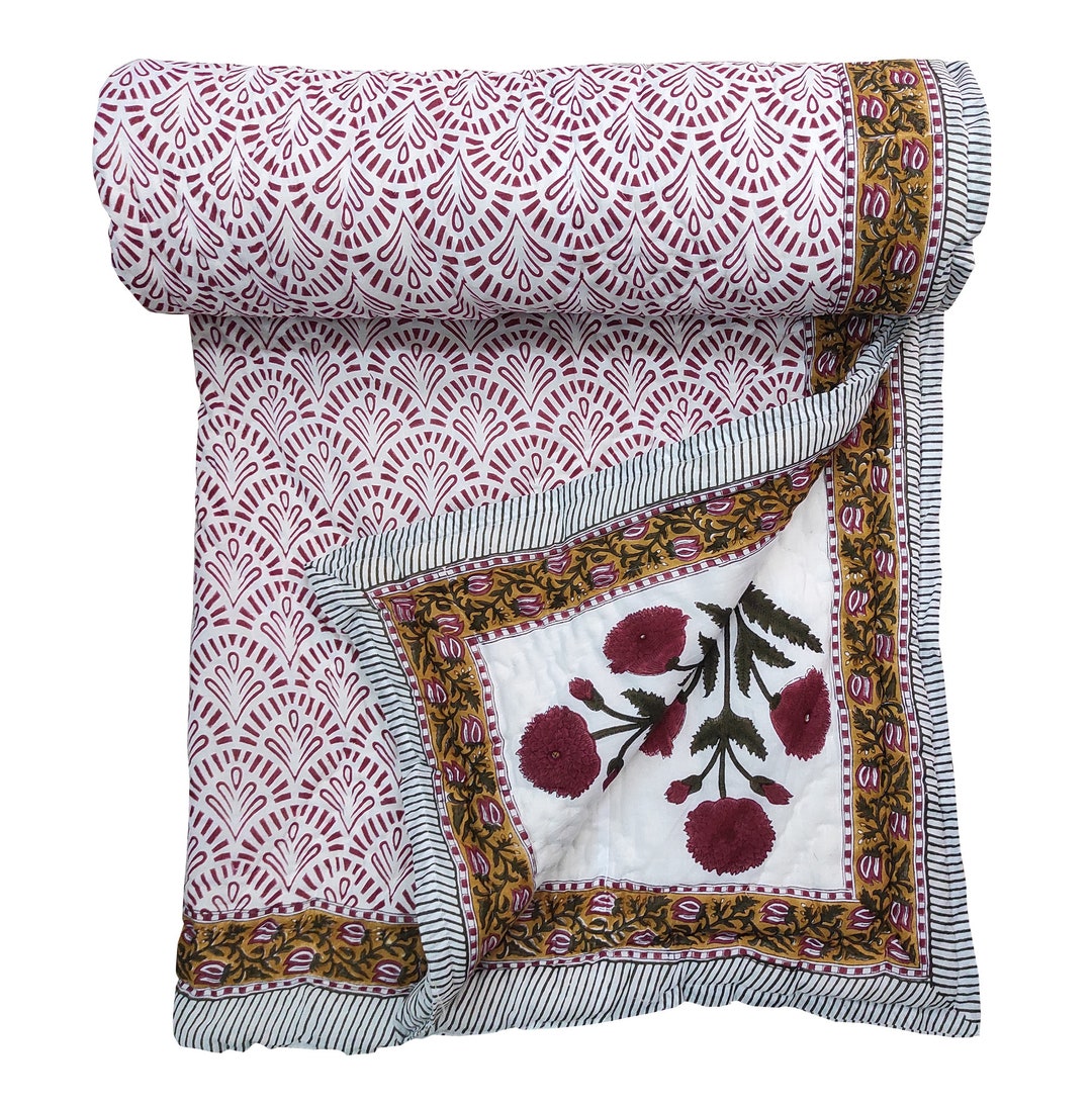 Indian Hand Block Print Cotton Quilts Kantha Floral Quilt, Indian Queen ...