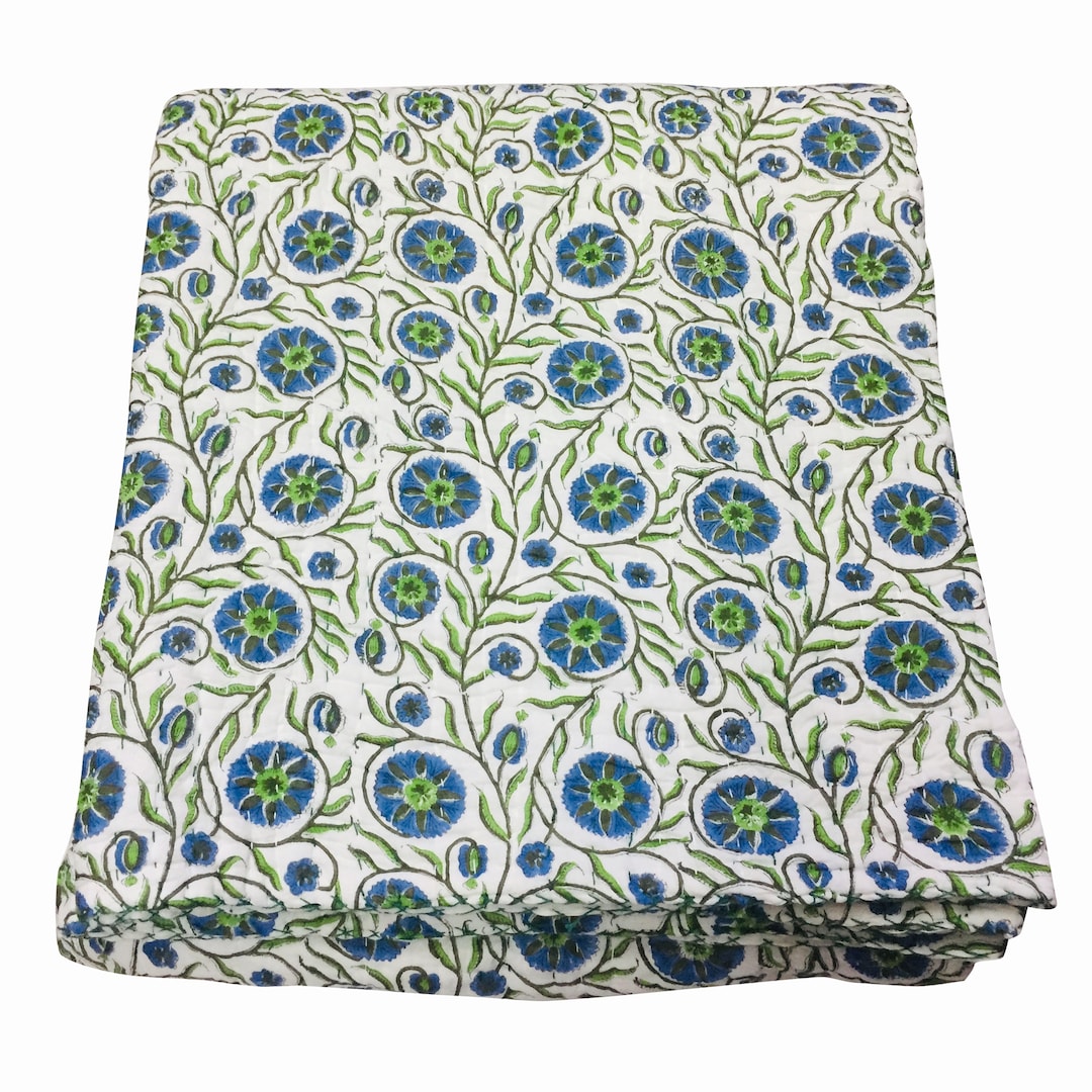 100% Cotton Handmade Sanganeri Floral Quilt, Hand Block Print Comforter ...