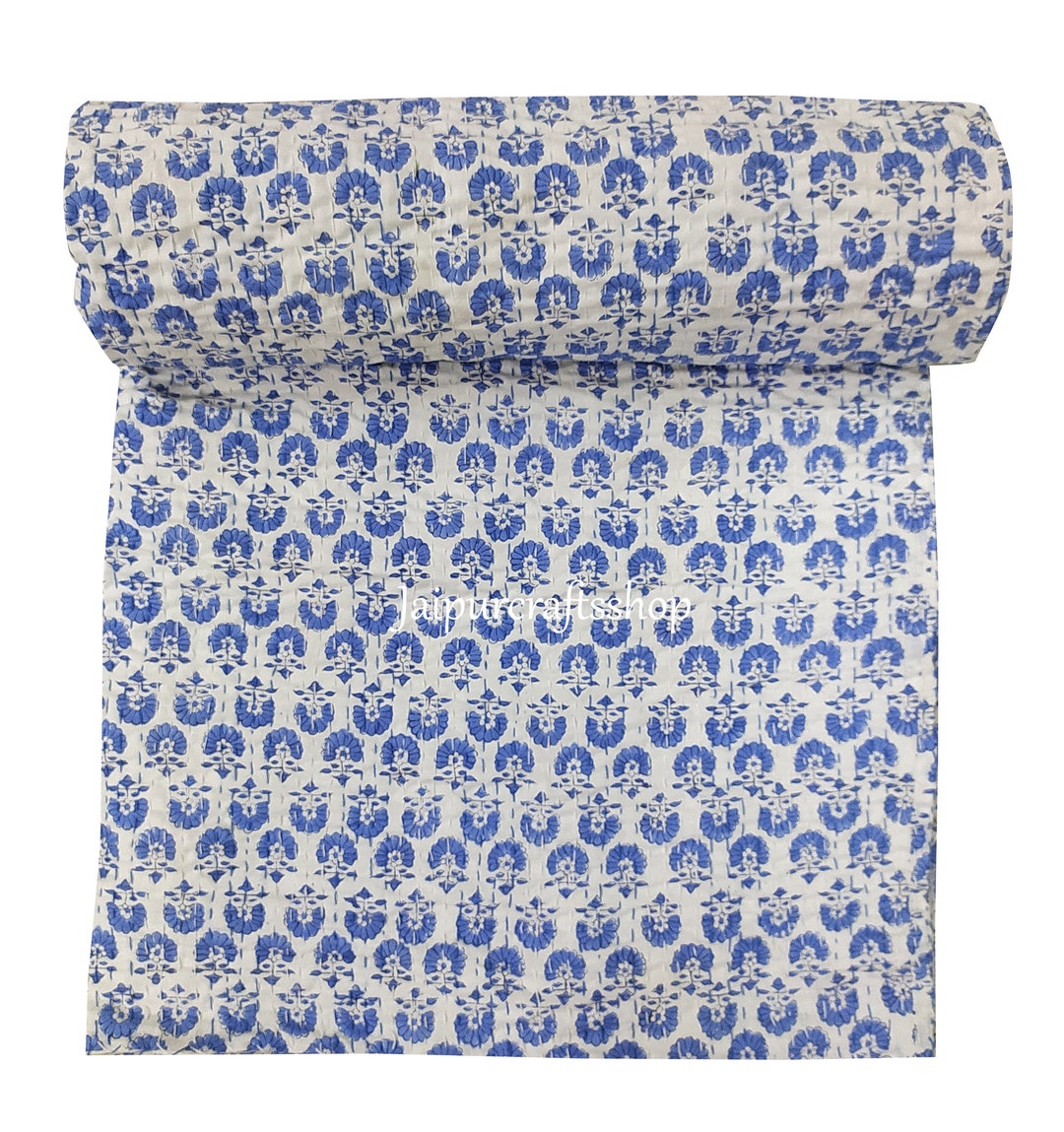 Indian Cotton Kantha Quilt, Handmade Blanket, Hand Block Print Throw ...