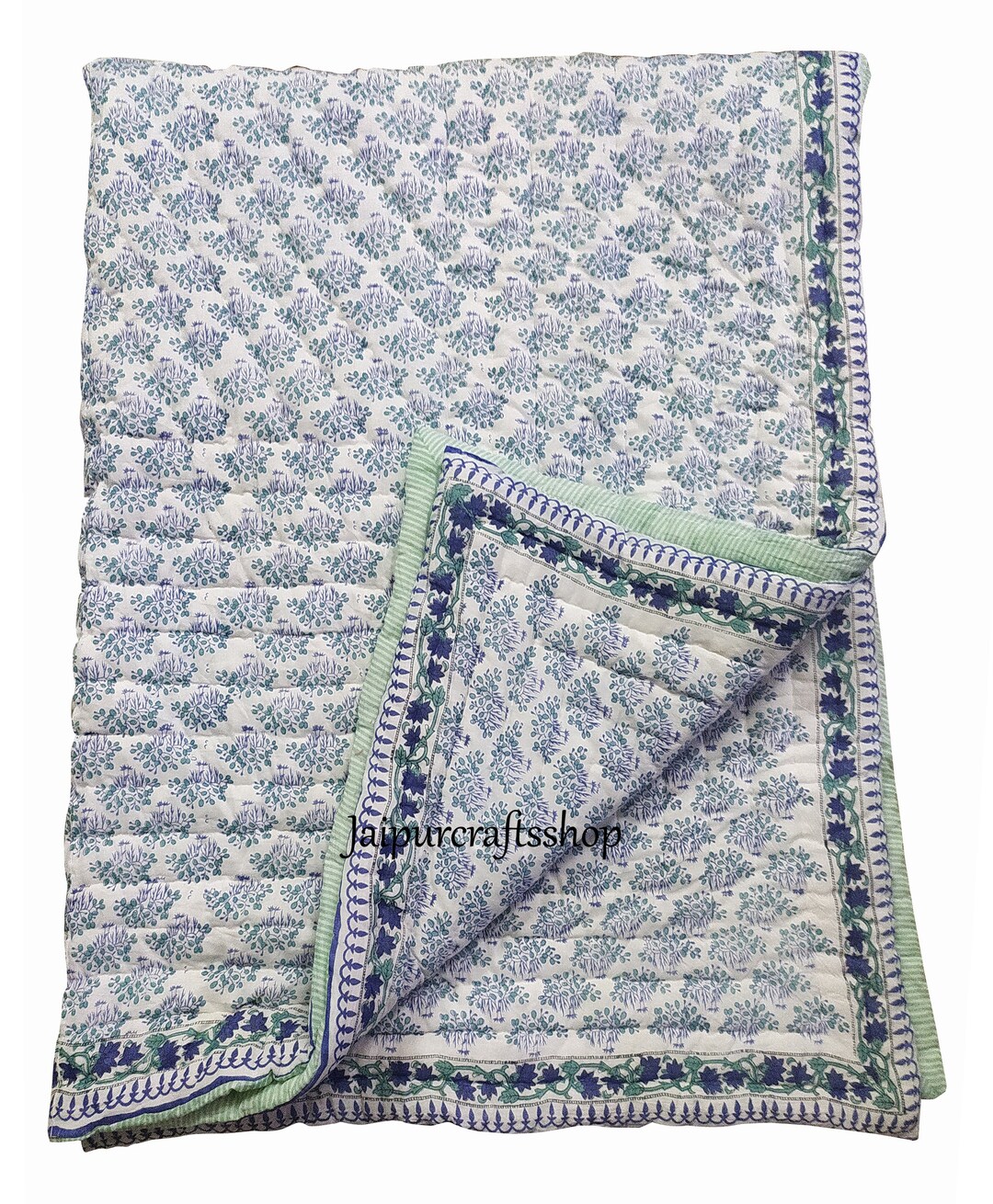 Handmade Kantha Quilt, Reversible Indian Rajai, Cotton Filled, US King ...
