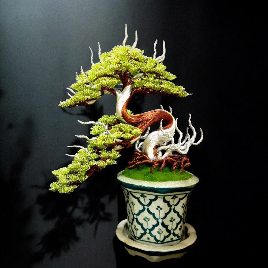 Japanese-style Bonsai Wire Art With Lime Green Leaves Handcrafted ...