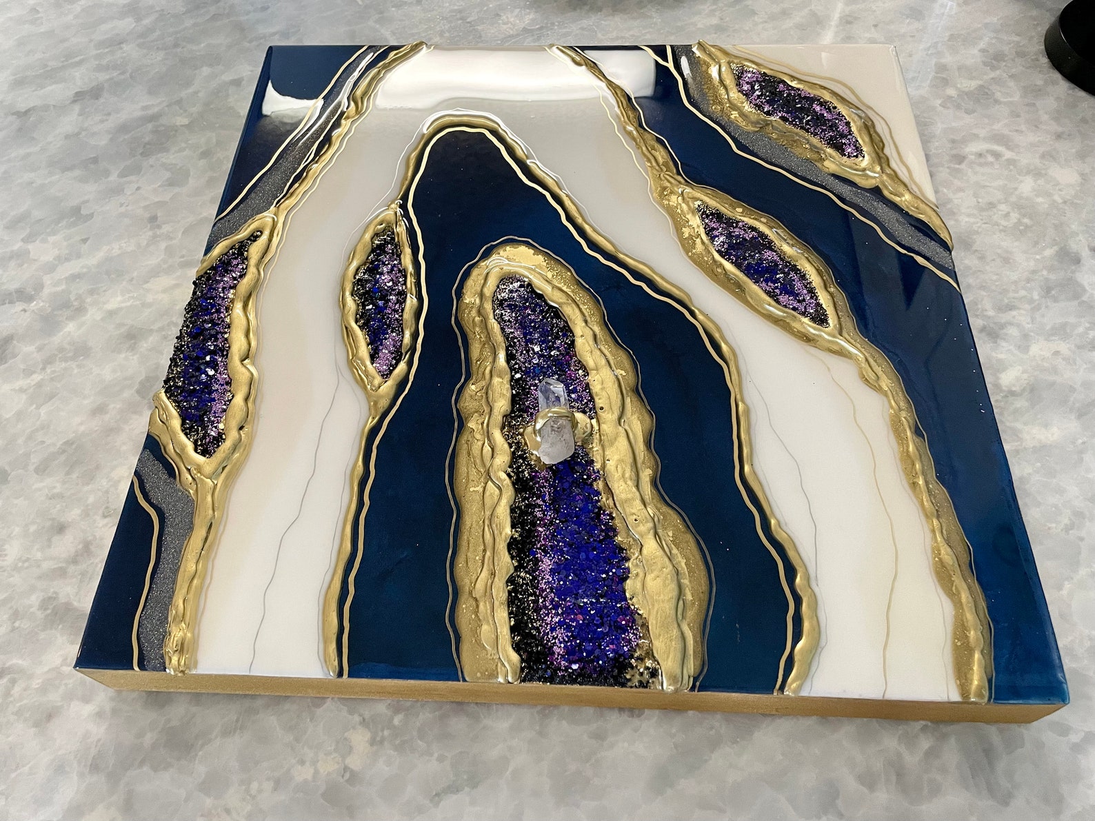 Blue, White & Gold Geode Art II, Geode Painting, Resin Geode Art With ...