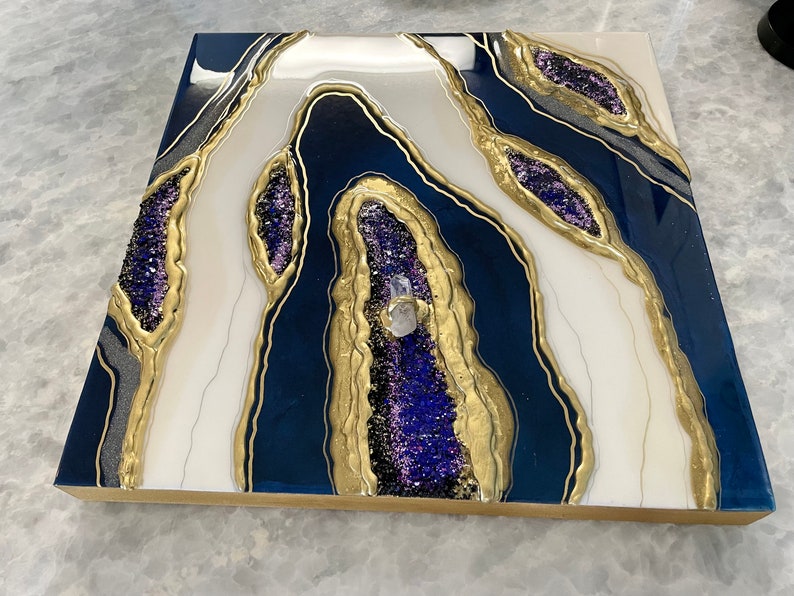 Blue, White & Gold Geode Art II, Geode Painting, Resin Geode Art With ...