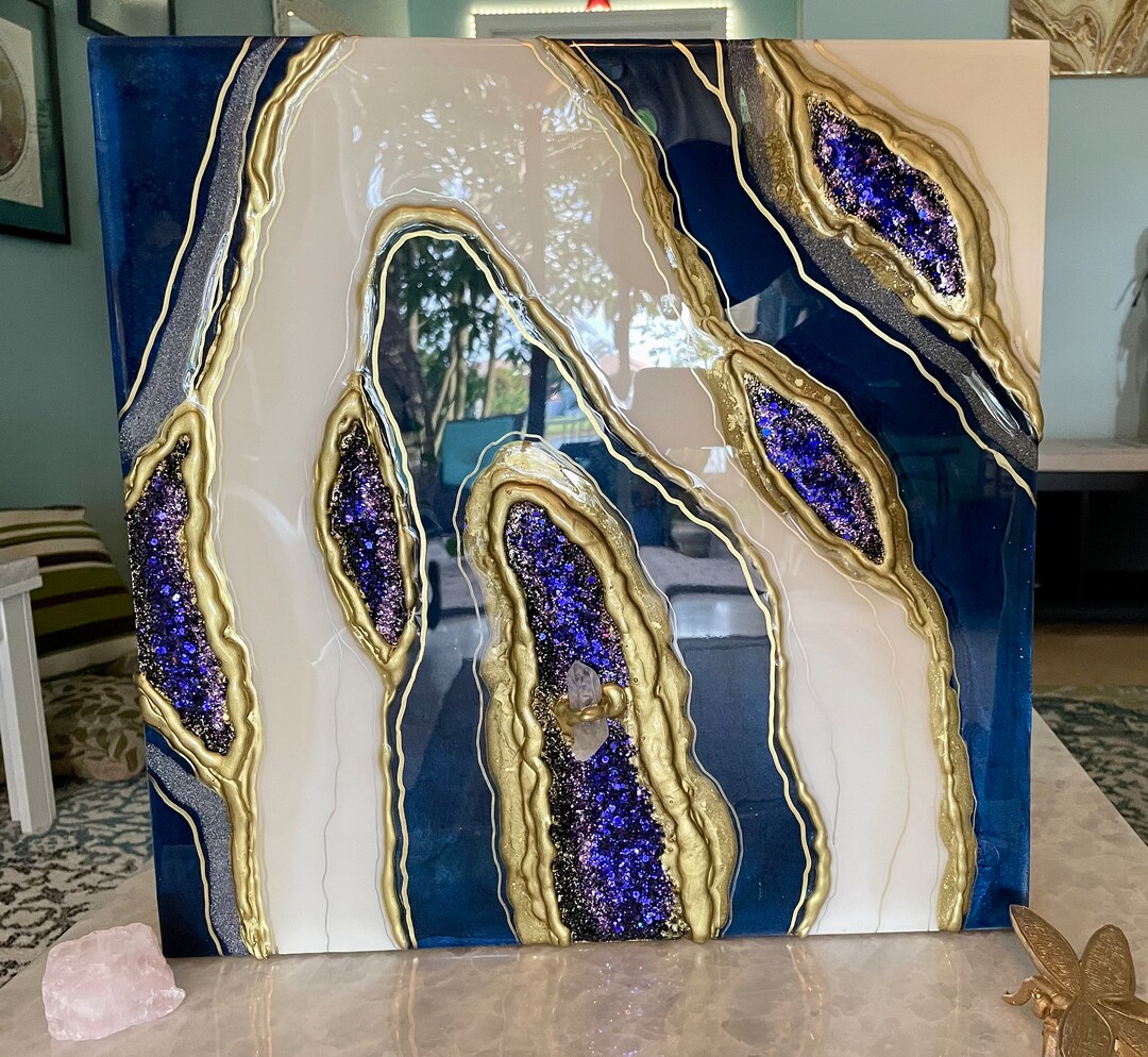 Blue, White & Gold Geode Art II, Geode Painting, Resin Geode Art With ...