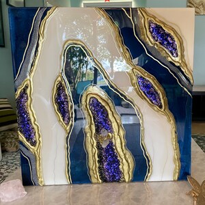 Blue, White & Gold Geode Art II, Geode Painting, Resin Geode Art With ...