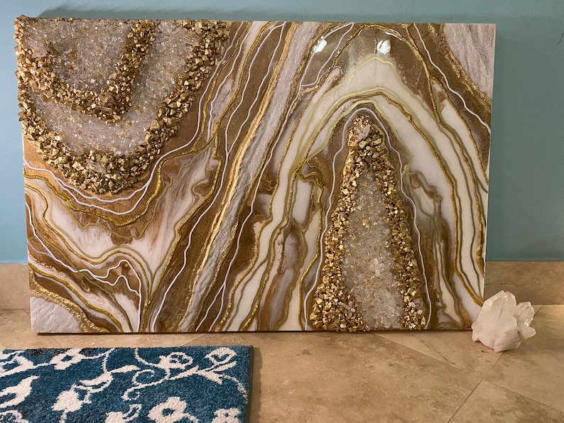 Large White & Gold Geode Art, Geode Painting, Resin Geode Art With ...