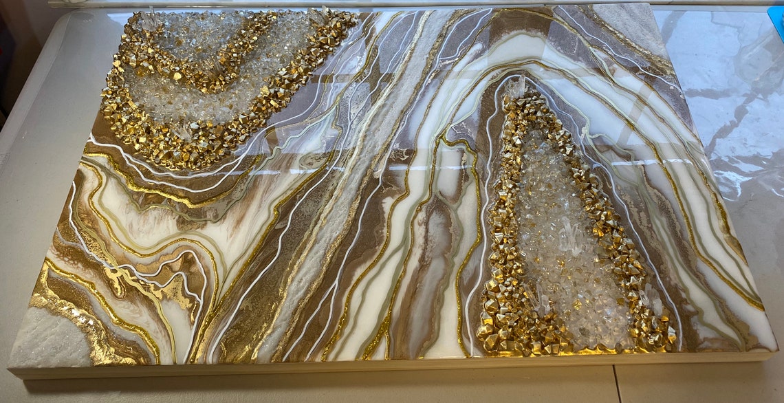 Large White & Gold Geode Art, Geode Painting, Resin Geode Art With ...