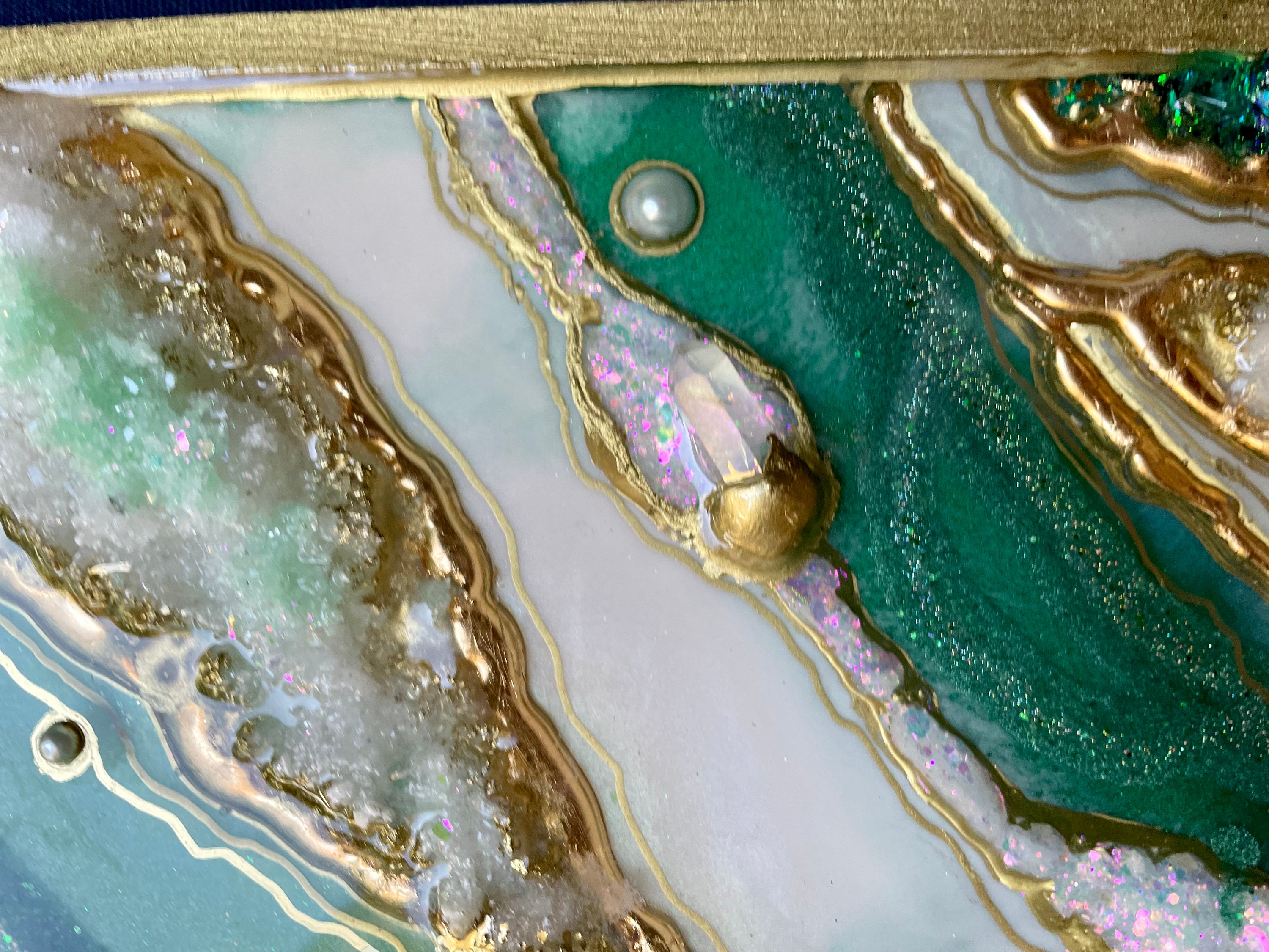 Green, Gold & White Geode Art, Rectangular Geode Painting, Resin Geode ...
