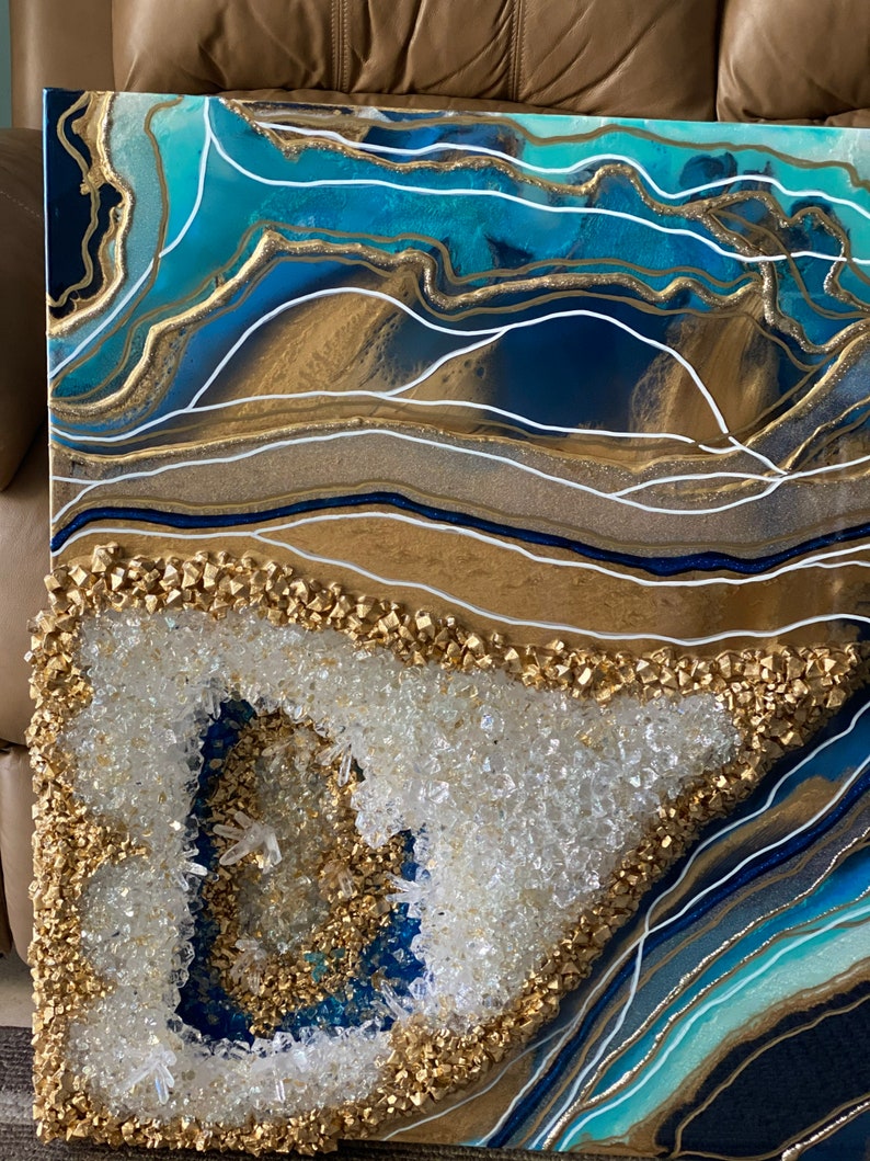 3D Blue, Teal and Gold Geode Art, Geode Painting, Resin Geode Art With ...