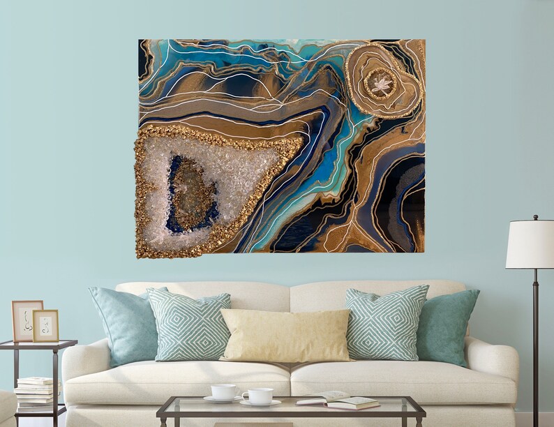 3D Blue, Teal and Gold Geode Art, Geode Painting, Resin Geode Art With ...