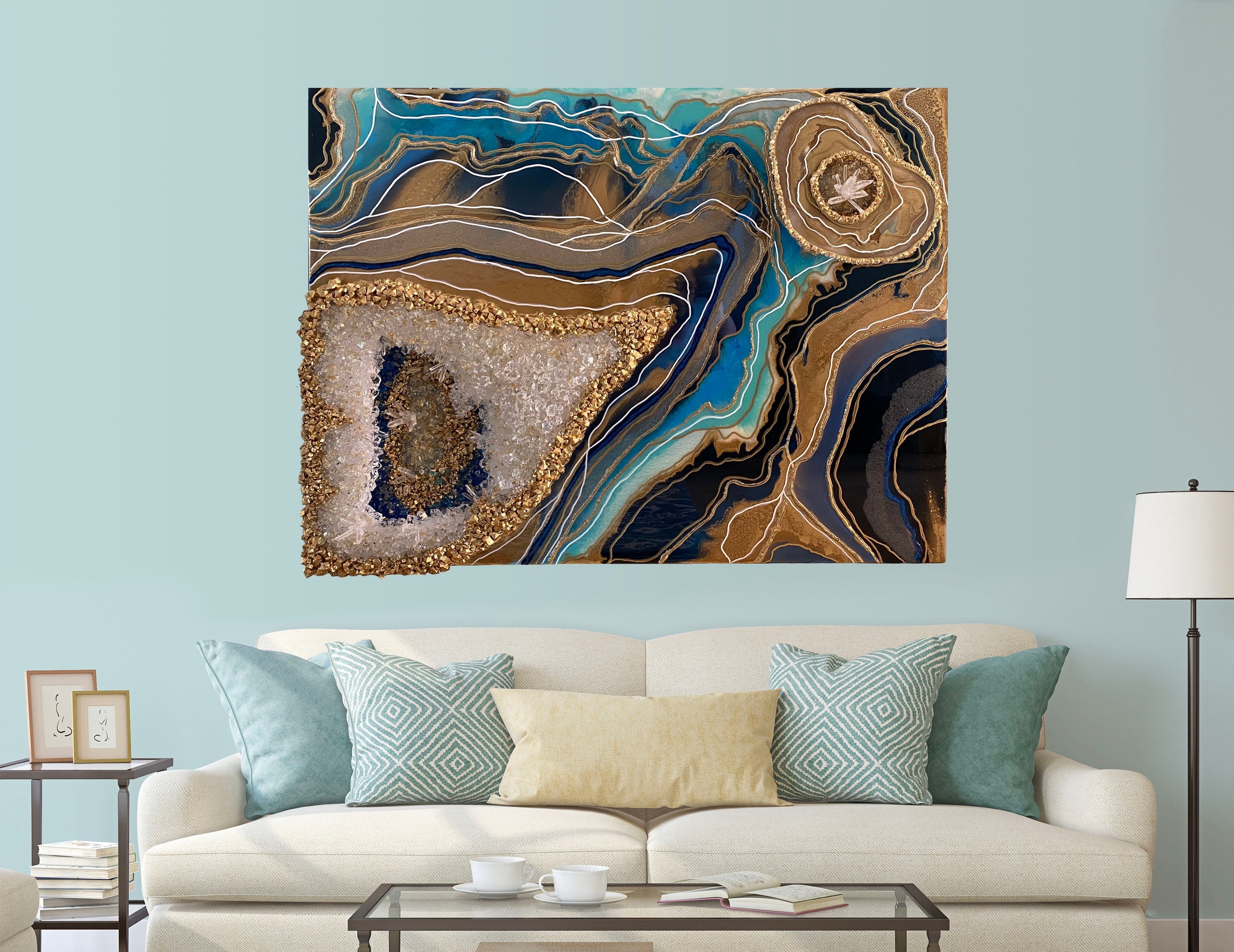 3D Blue, Teal and Gold Geode Art, Geode Painting, Resin Geode Art With ...