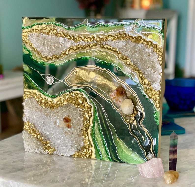 Green & Gold Geode Art Geode Painting Resin Geode Art With - Etsy