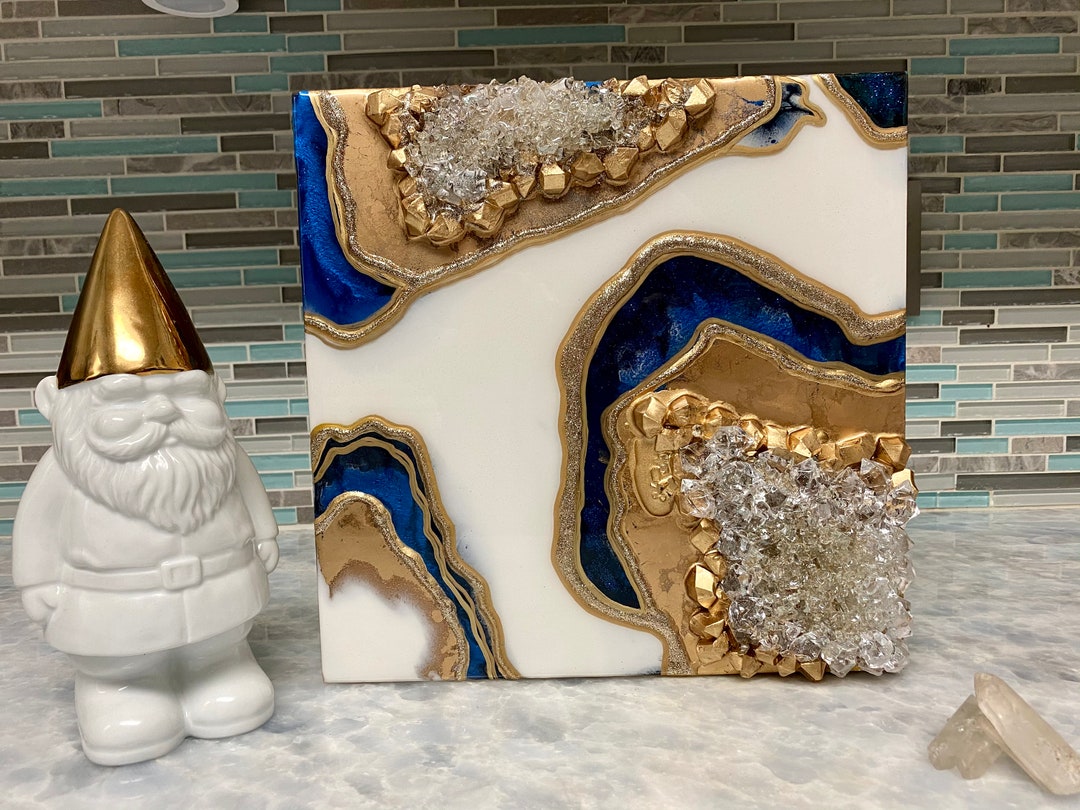 Blue, White & Gold Geode Art, Geode Painting, Resin Geode Art With ...