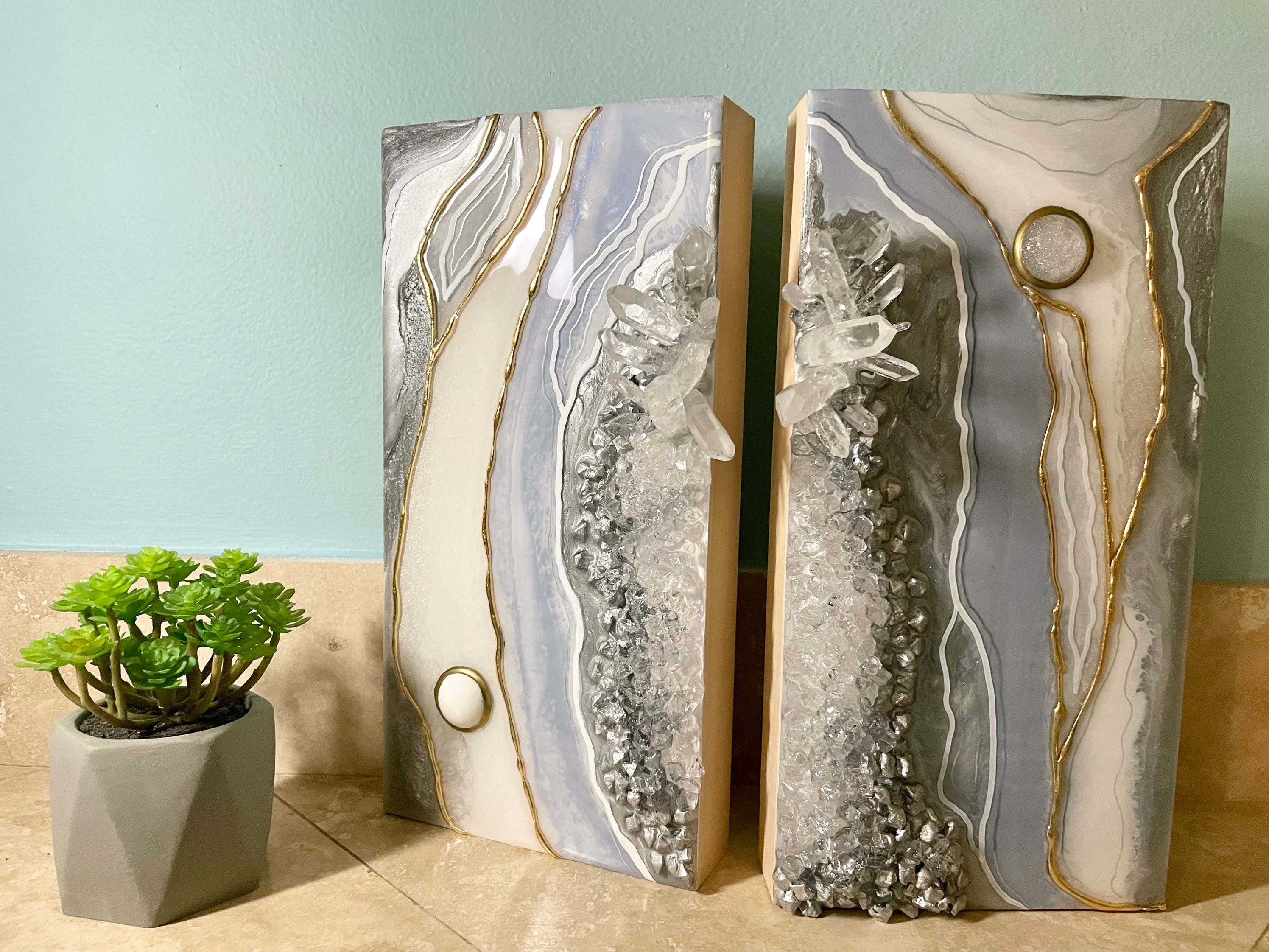 Blue, White & Silver Geode Art pack of 2 - Etsy