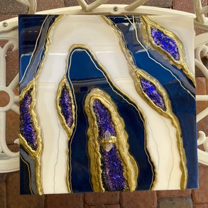 Blue, White & Gold Geode Art II, Geode Painting, Resin Geode Art With ...