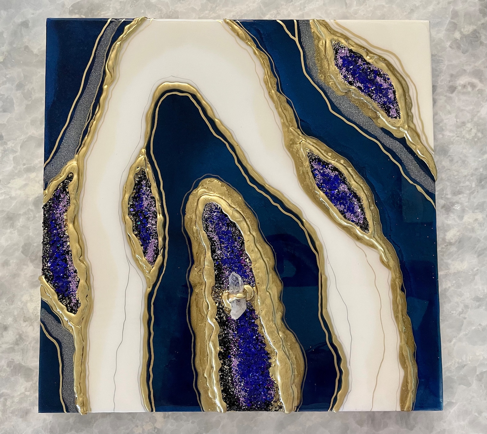 Blue, White & Gold Geode Art II, Geode Painting, Resin Geode Art With ...