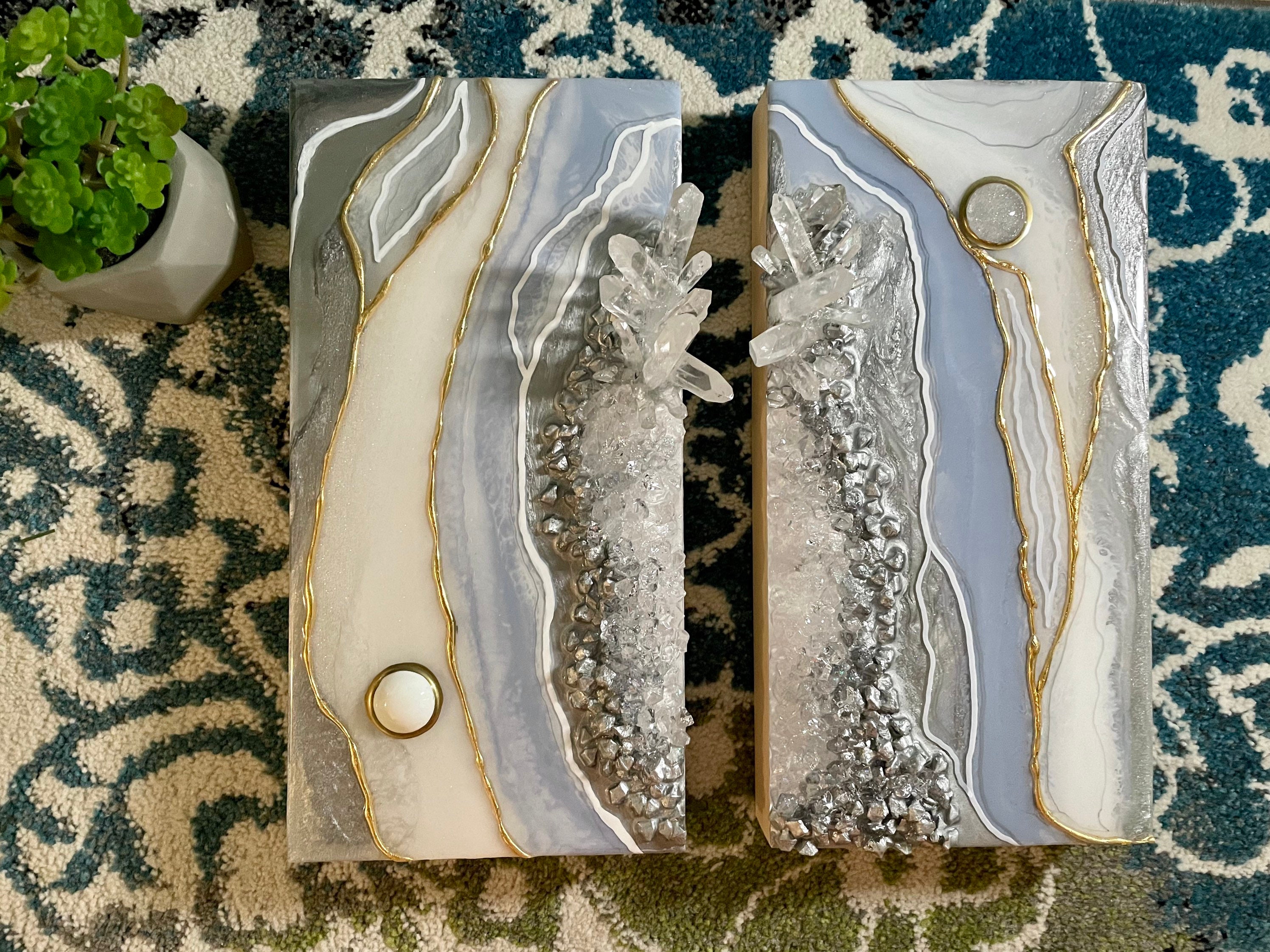 Blue, White & Silver Geode Art pack of 2 - Etsy