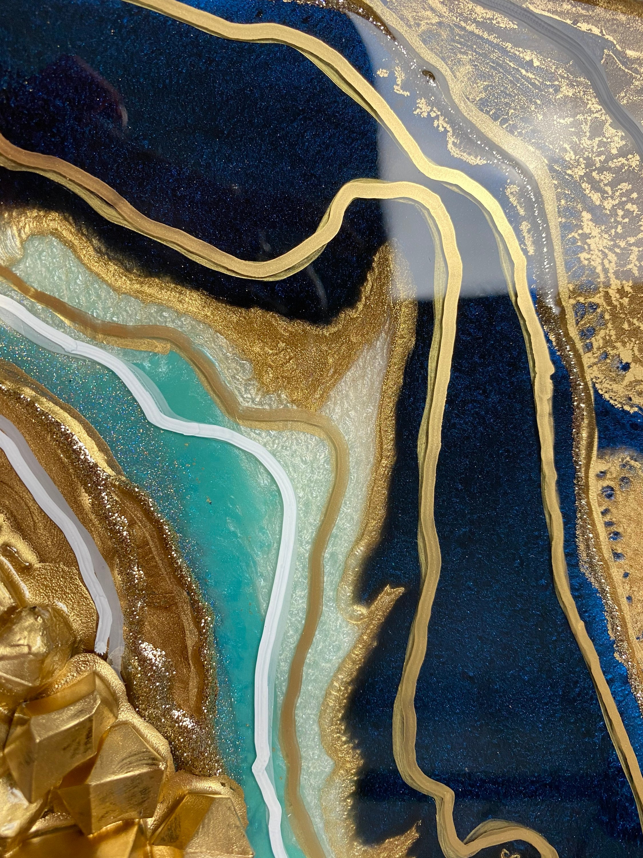 3D Blue, Teal and Gold Geode Art, Geode Painting, Resin Geode Art With ...
