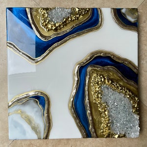 Blue, White & Gold Geode Art, Geode Painting, Resin Geode Art With ...