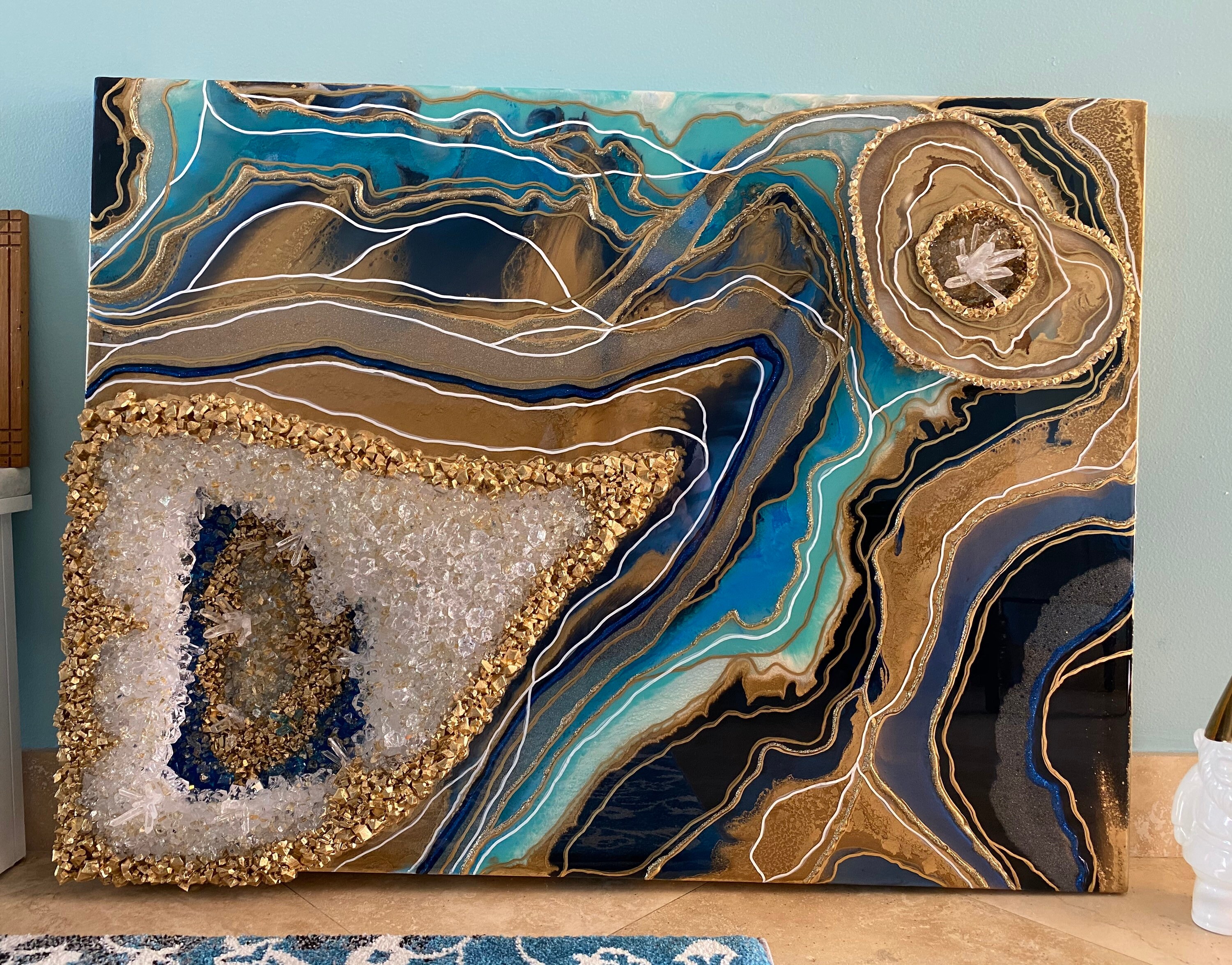 3D Blue, Teal and Gold Geode Art, Geode Painting, Resin Geode Art With ...