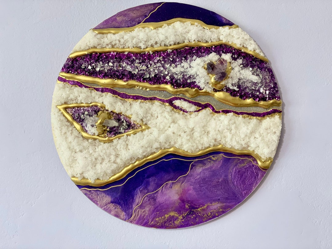 Purple, White and Gold Round Geode Art With Amethyst and Clear Quartz ...