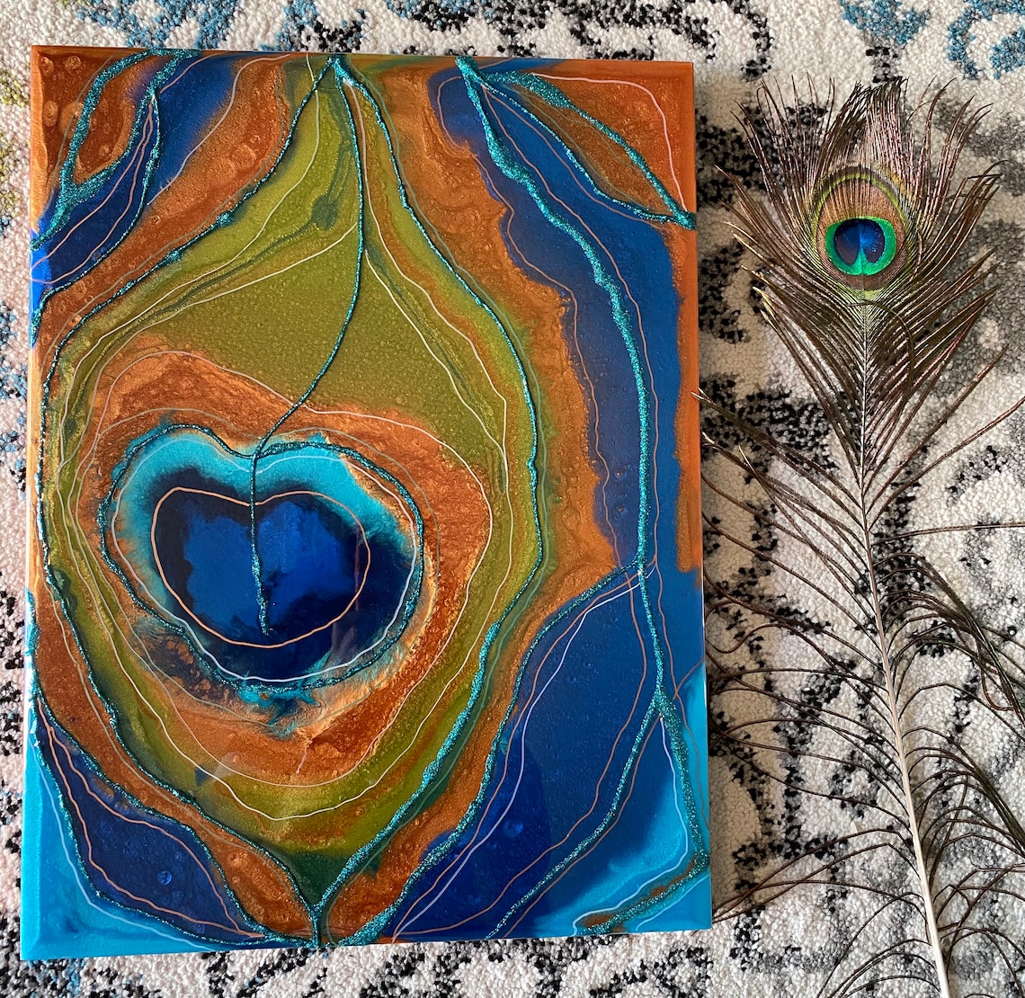 Peacock Feather Resin Art, Wall Painting, Decor, Blue - Etsy