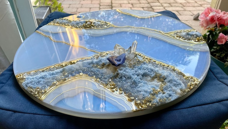 Resin Table Blue Aura and Gold Round Resin Table Geode Art - Etsy