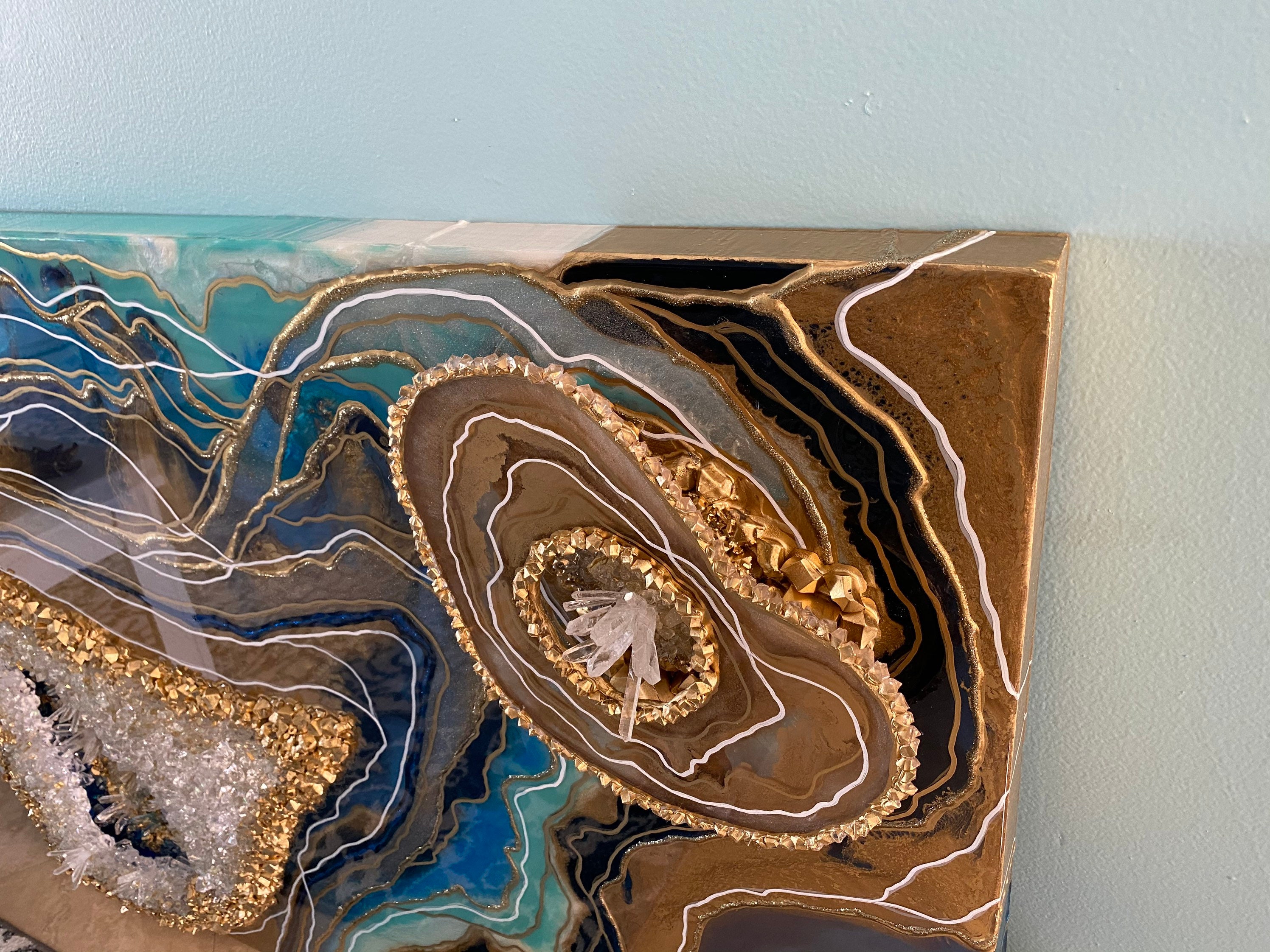 3D Blue, Teal and Gold Geode Art, Geode Painting, Resin Geode Art With ...