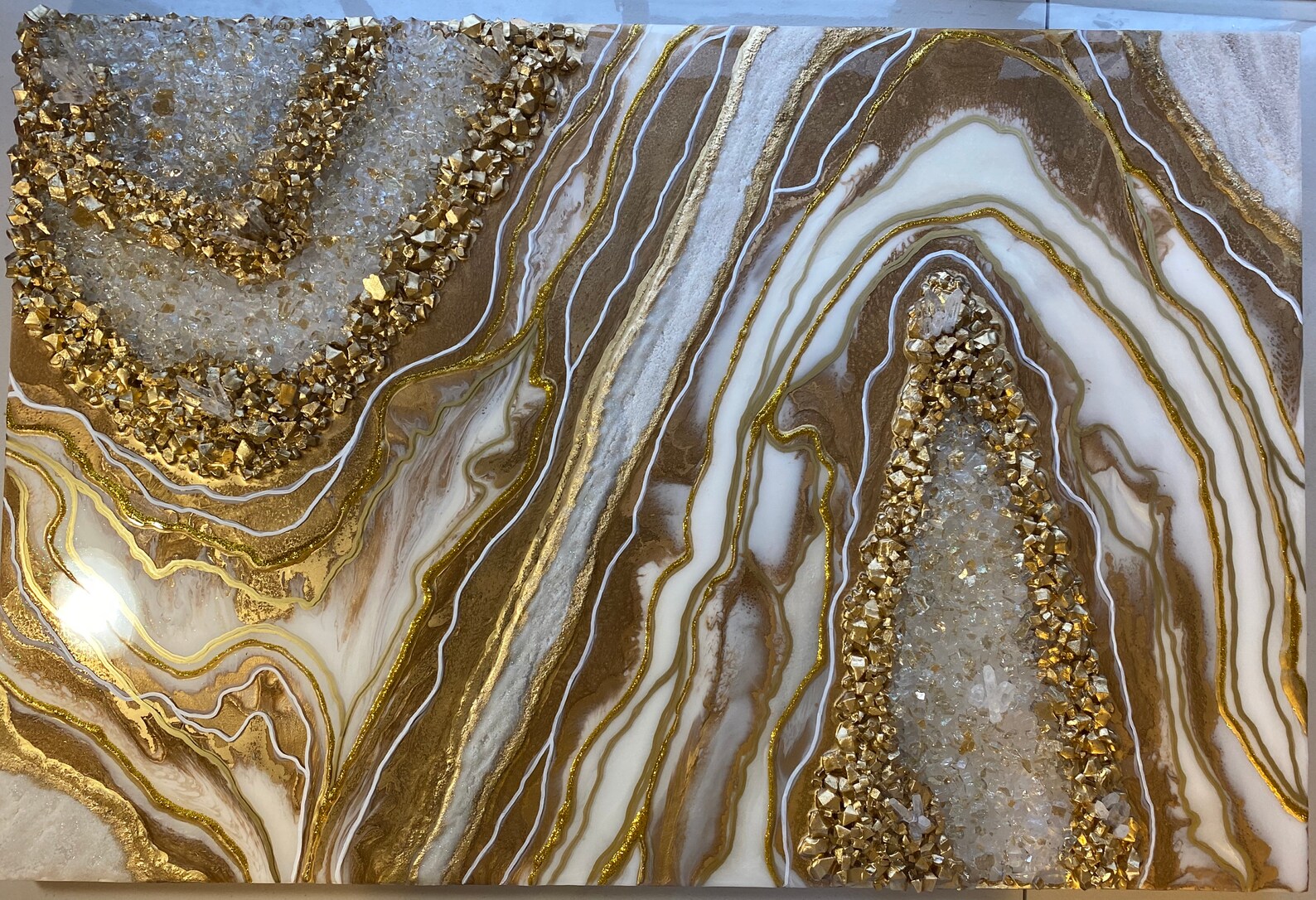 Large White & Gold Geode Art, Geode Painting, Resin Geode Art With ...
