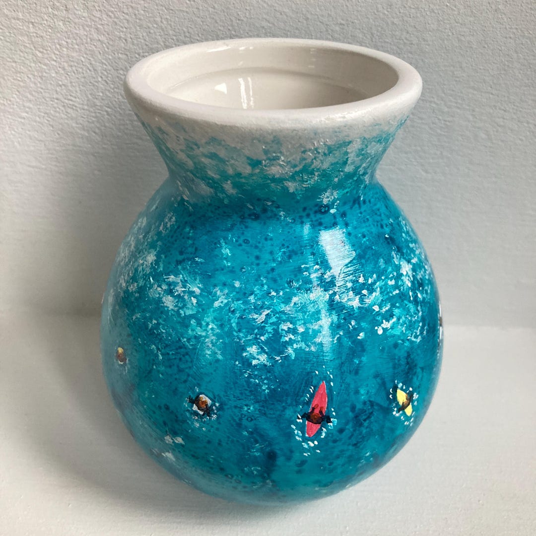 The Lineup Vase, Hand-painted Seascape Ceramic Vase Featuring Surfers ...