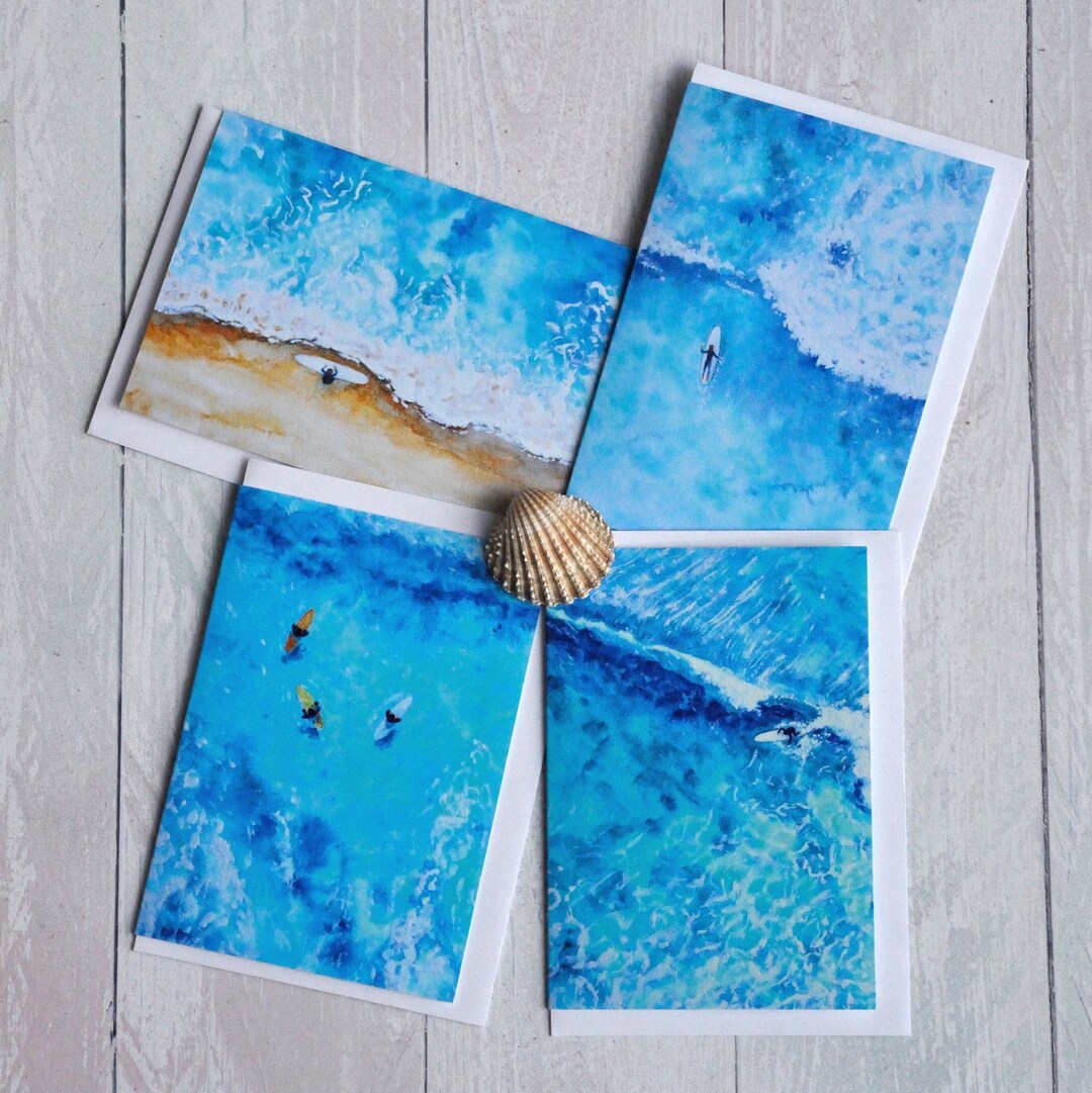 Pack of 4 Surfers Series Art Greetings Cards, Beach Cards, Surf Cards ...