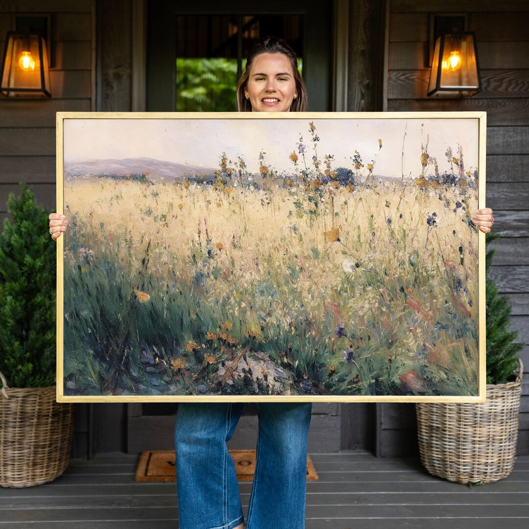 Flower Field Watercolor Print: Framed Cotton Canvas Nature Wall Art ...