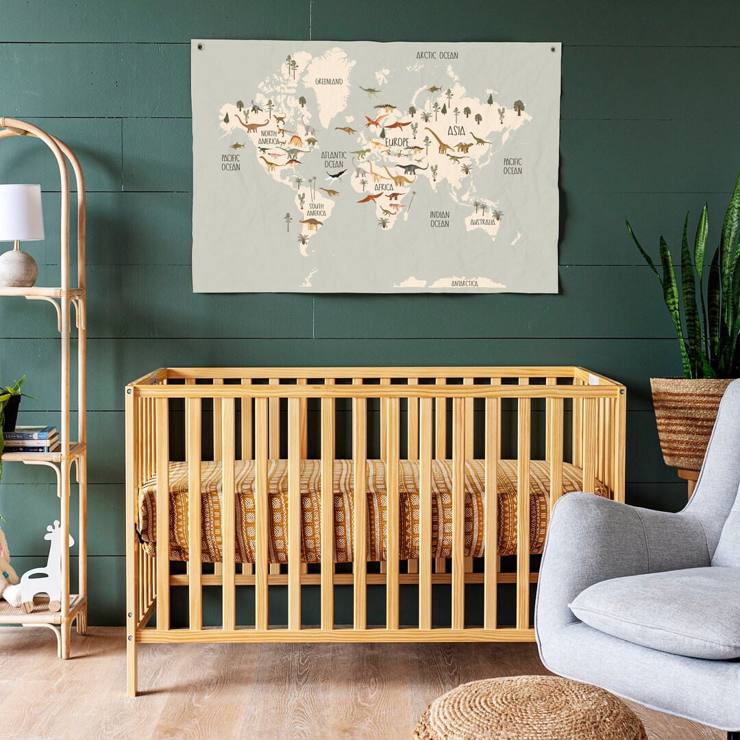 Dinosaur World Map Flag | Kids Room Map | Dinosaur Themed World Map ...