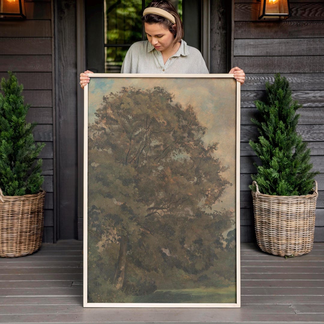 Vintage Tree Wall Art | Large Canvas Framed Vertical Living Room Oil ...