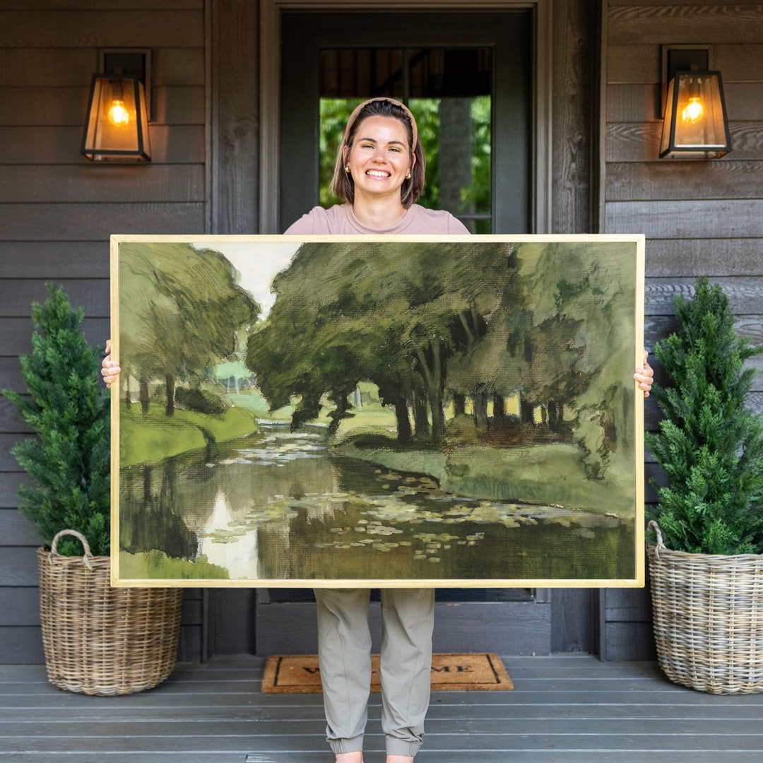 Vintage Trees and River Painting: Framed Cotton Canvas Wall Art | F658 ...