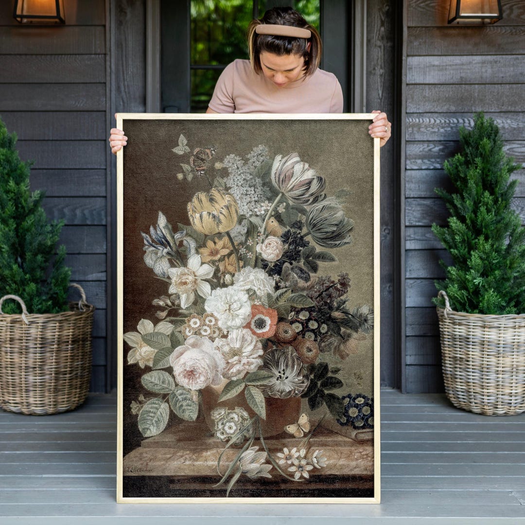 Framed Botanical Still Life Canvas Print: Vintage Floral Oil Painting ...