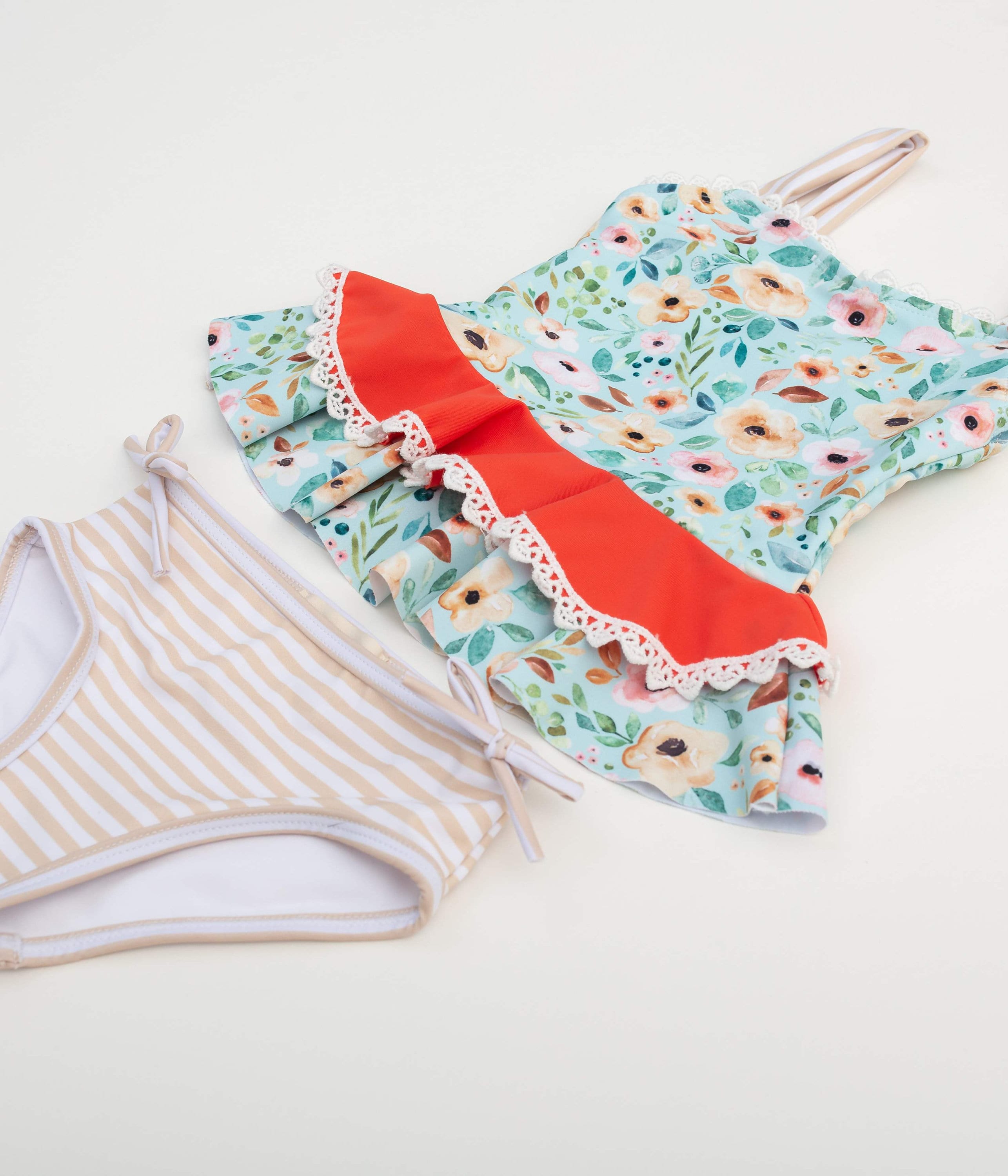 Floral & Tan Stripes Girls Swimwear - Etsy