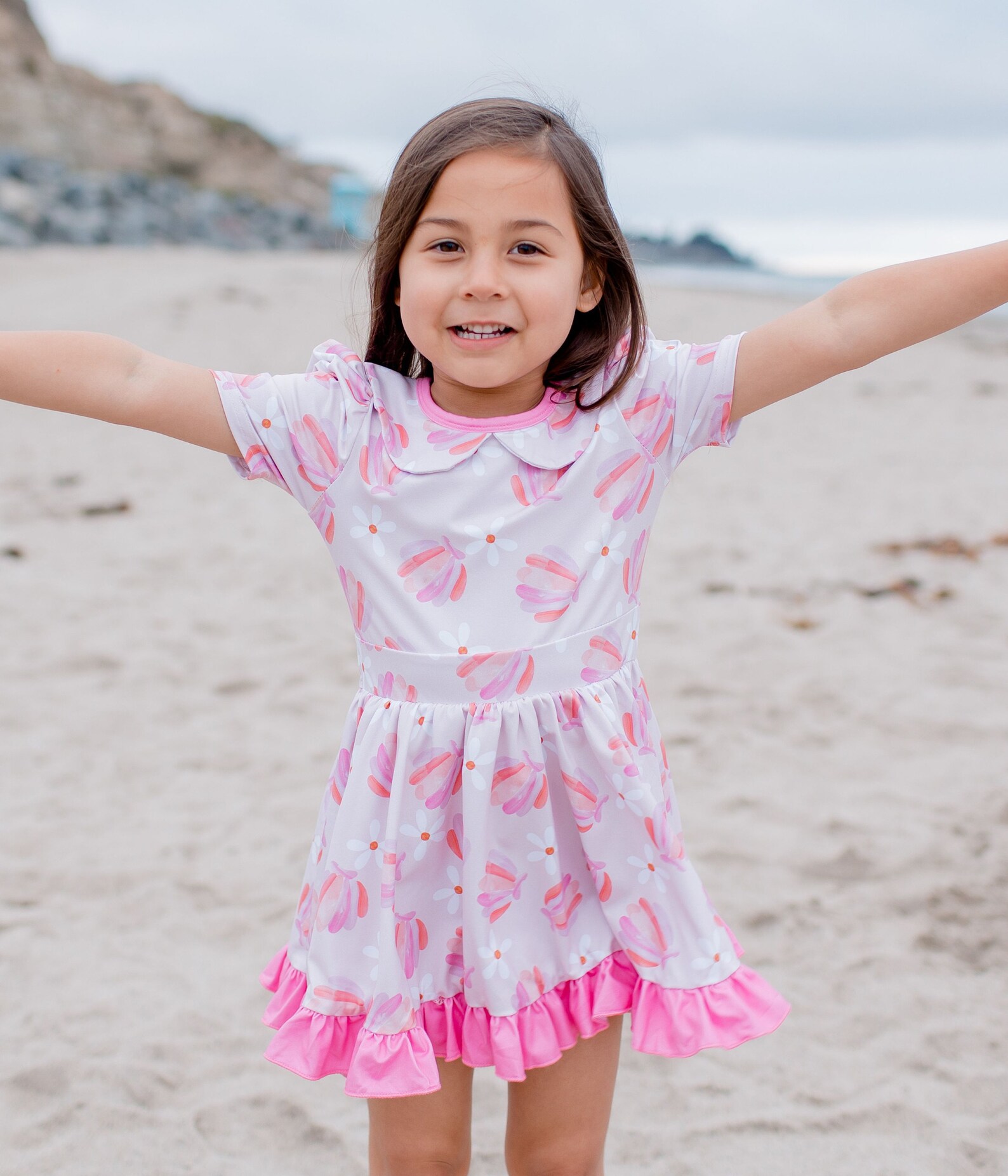BEACH TWIRL DRESS, Seashells Daisy Floral Twirl Dress, Pink Twirl Dress ...