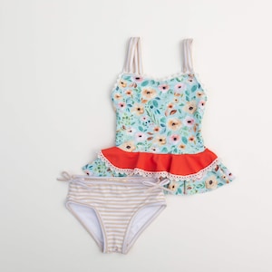 Floral & Tan Stripes Girls Swimwear - Etsy