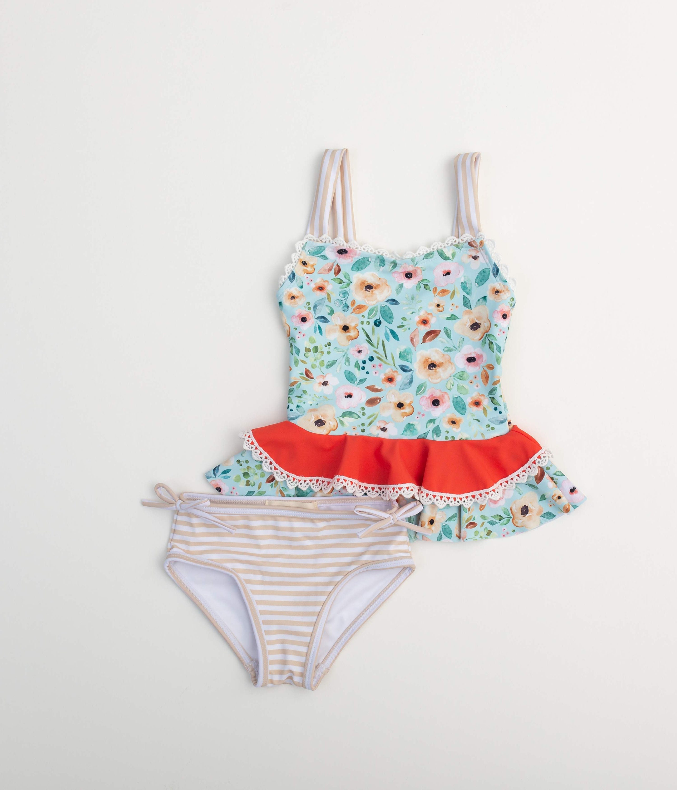 Floral & Tan Stripes Girls Swimwear - Etsy