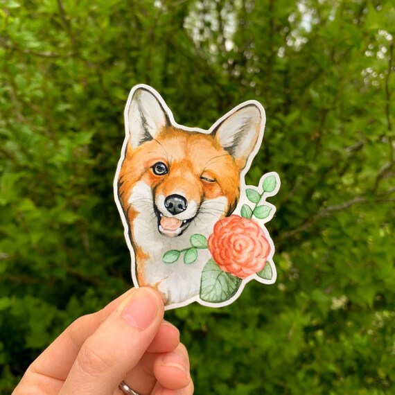 Fox Watercolor Vinyl Sticker Folk Art Fox Flower Sticker - Etsy