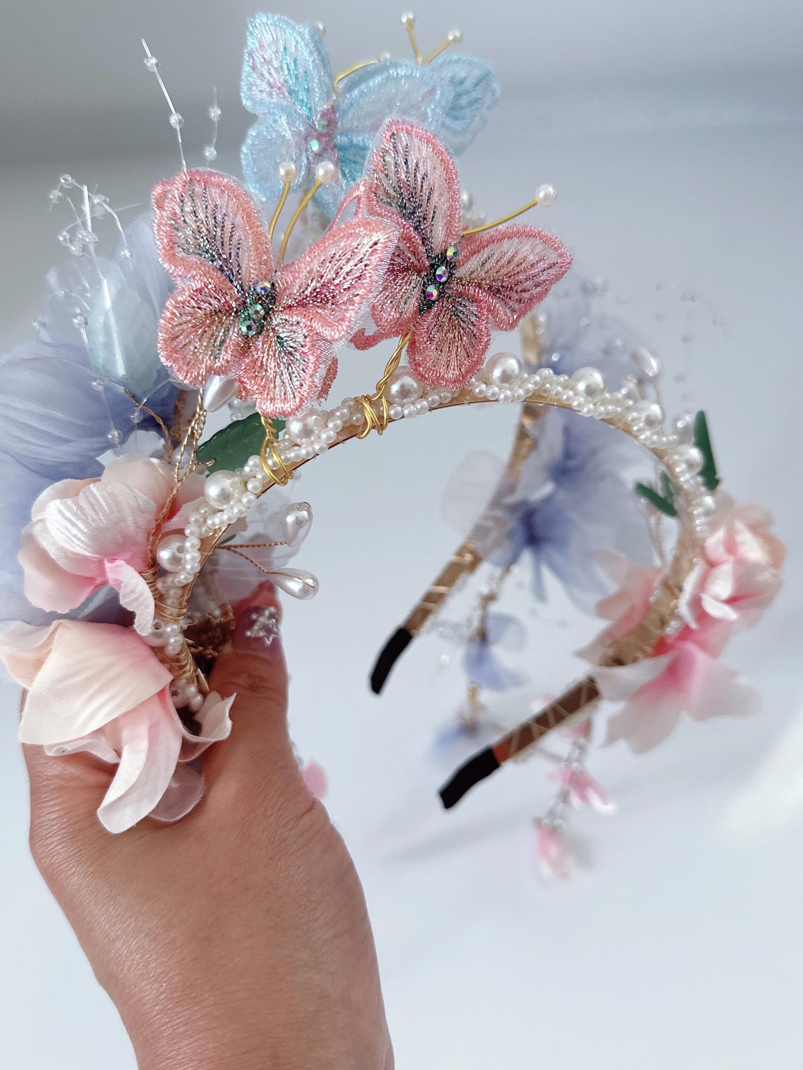 Women Girls Pink Blue Pearl Aesthetic Fancy Butterfly Flower Floral ...