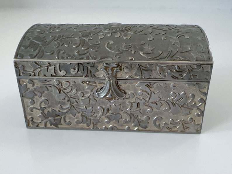 Small Antique Silver Tone Metal Box Rectangular Jewelry Trinket Ring ...