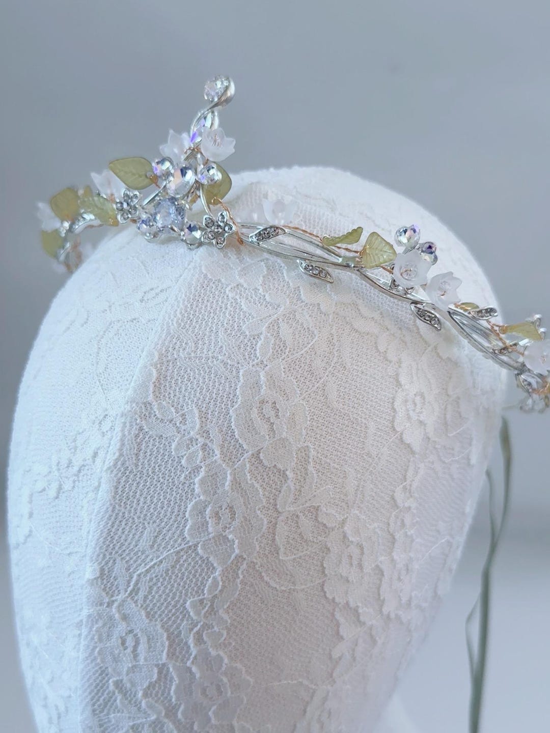 Crystal Vine Tiara Bridal Headpiece White Flowers Green Leaves ...