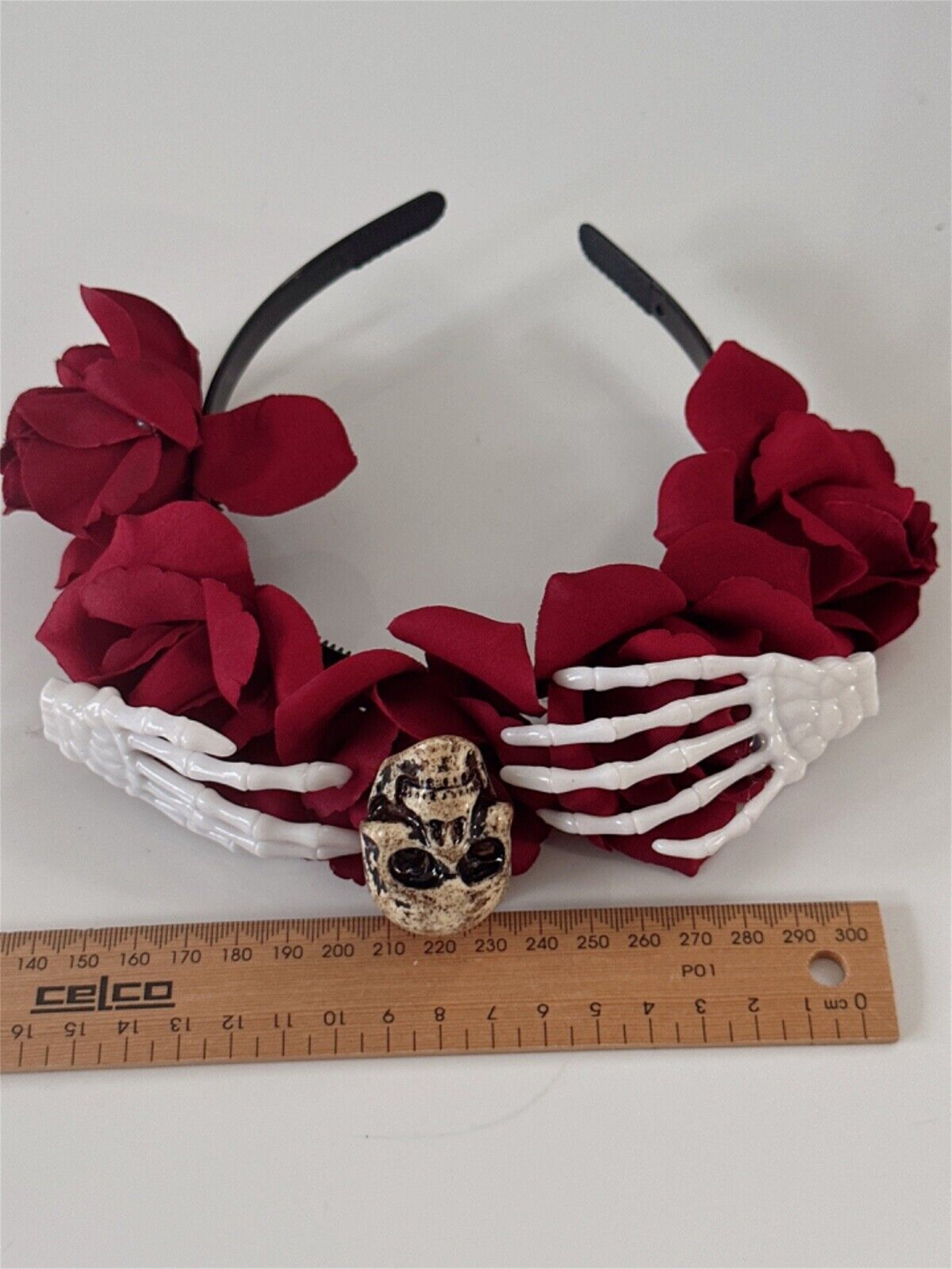 Women Girls Black or Red Rose Skull Skeleton Halloween Headband or With ...