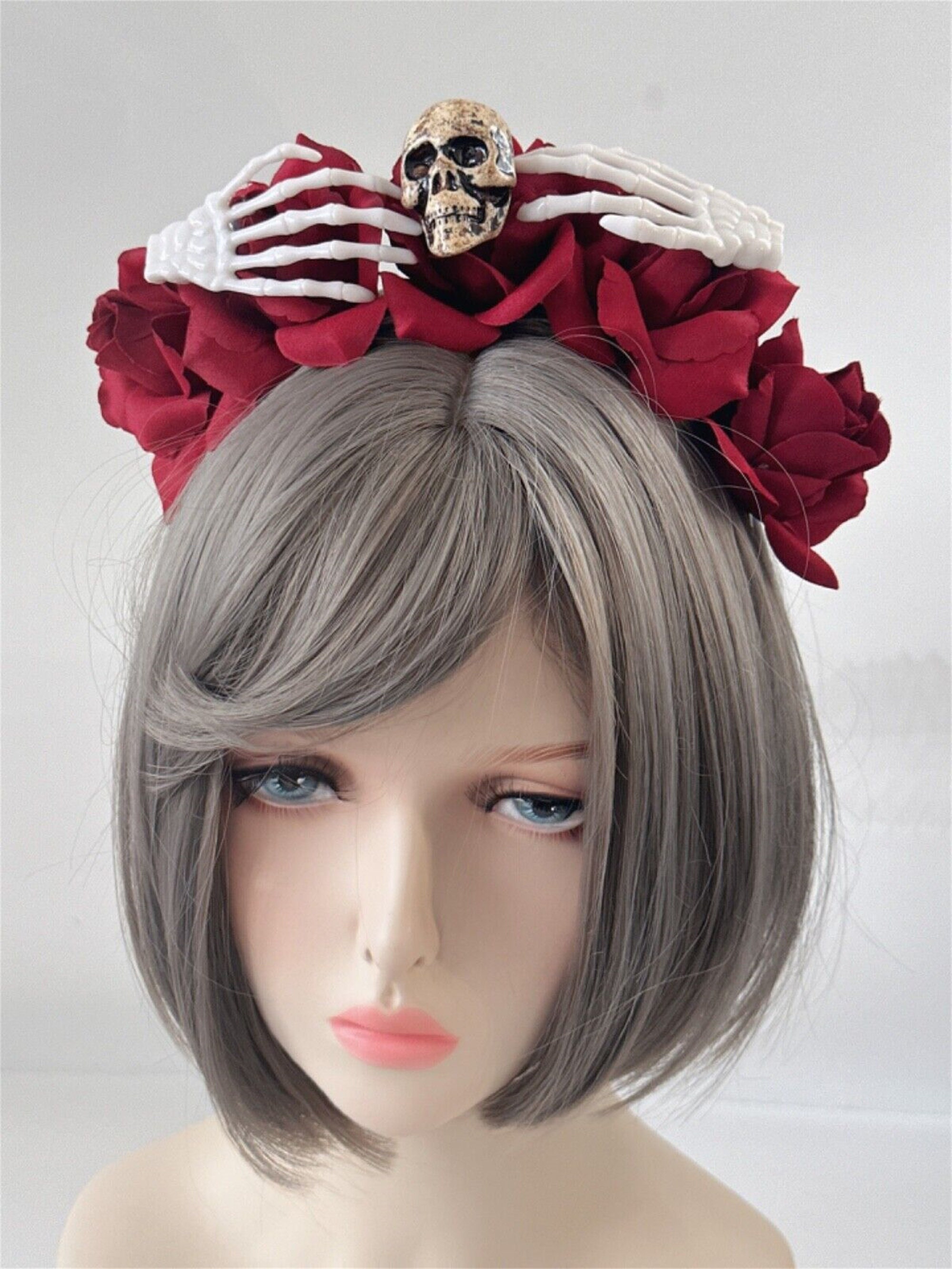 Women Girls Black or Red Rose Skull Skeleton Halloween Headband or With ...