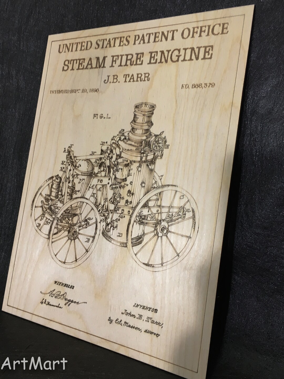 Steam Fire Engine Patent Print. Laser-engraved Display. Patent Artwork ...