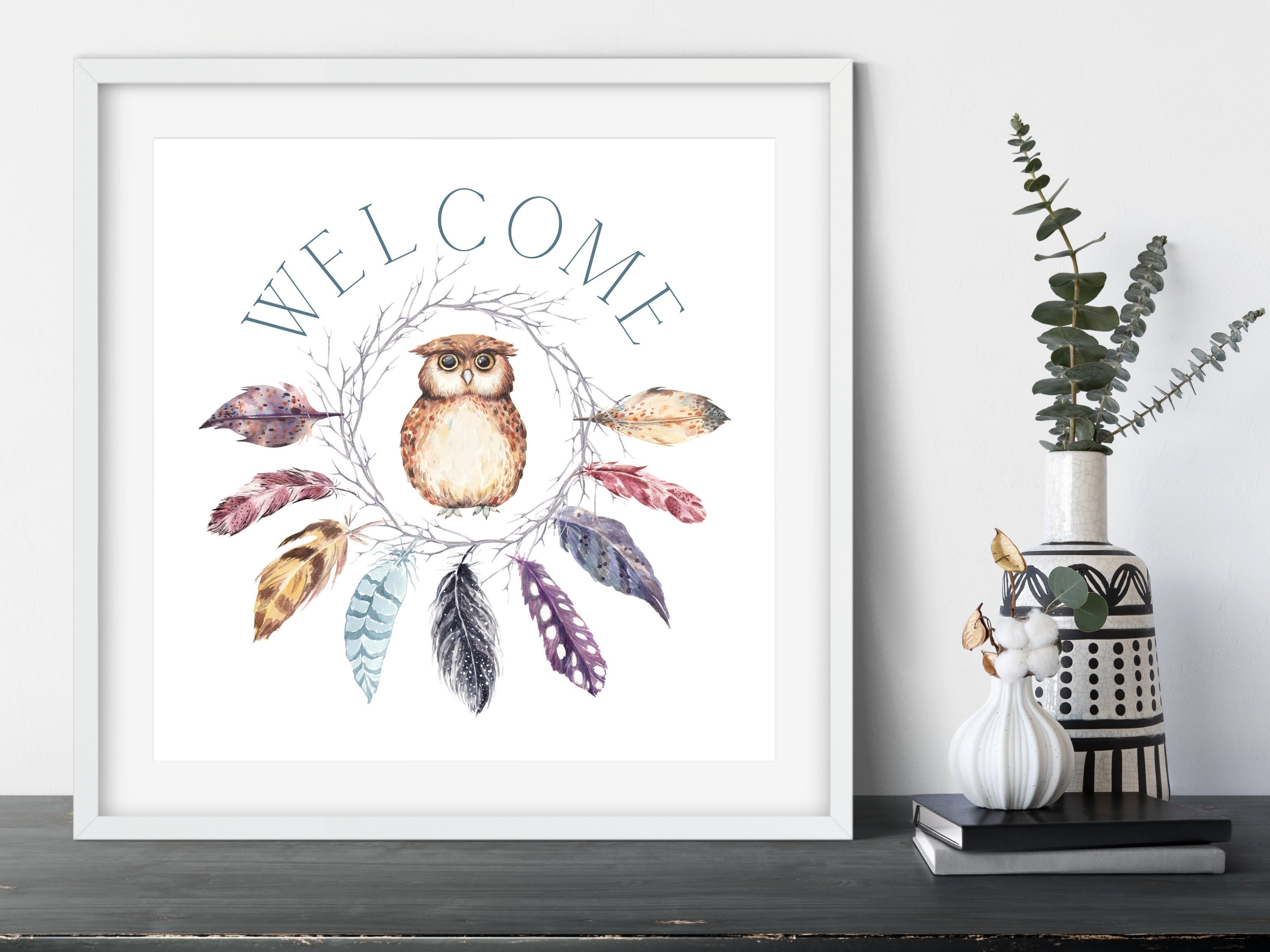Owl WELCOME Sign, Feather Wall Art, Guest Room Wall Art, DIGITAL Print ...
